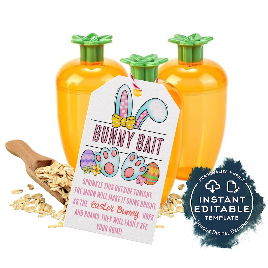Easter Bunny Bait Tag, Editable Easter Egg Hunt Gift Favor Tag, Bunny ...