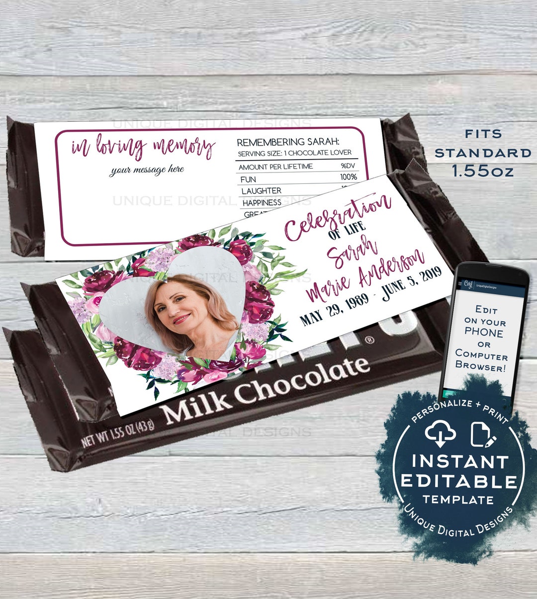 Celebration of Life Funeral Keepsake, Editable Chocolate Bar Wrapper ...