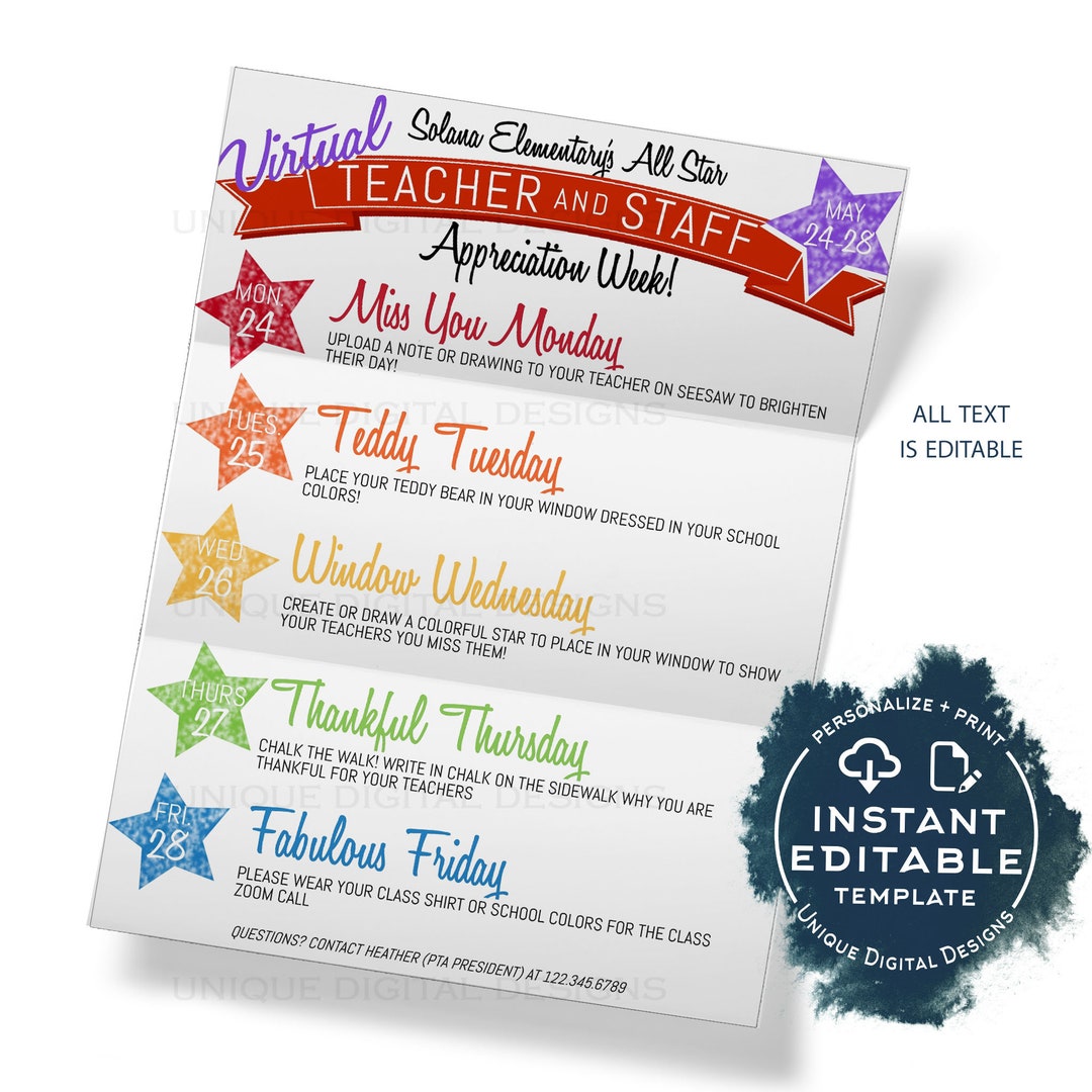 Virtual Teacher Appreciation Week Schedule, Editable School Staff ...