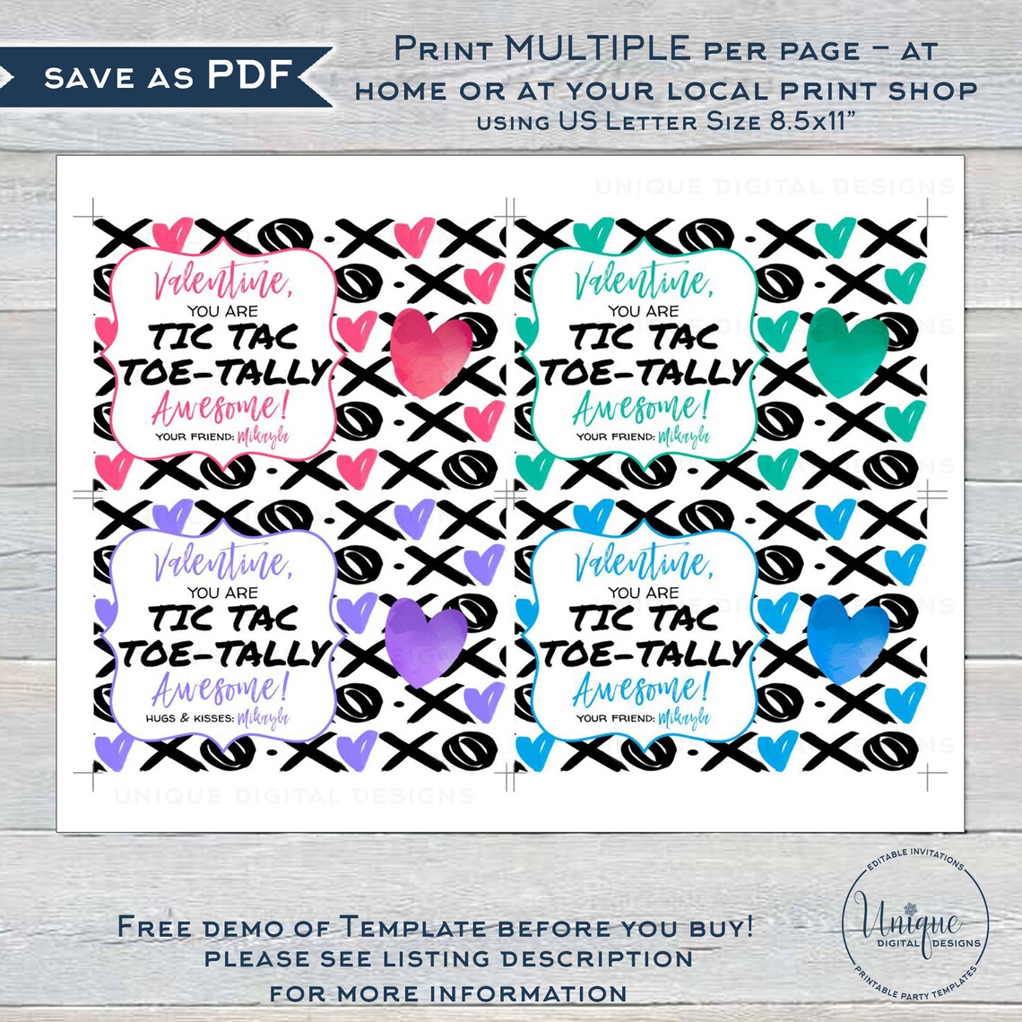 Valentine's Gift Tags, Editable Tic Tac Toe -tally Toy, Keychain ...