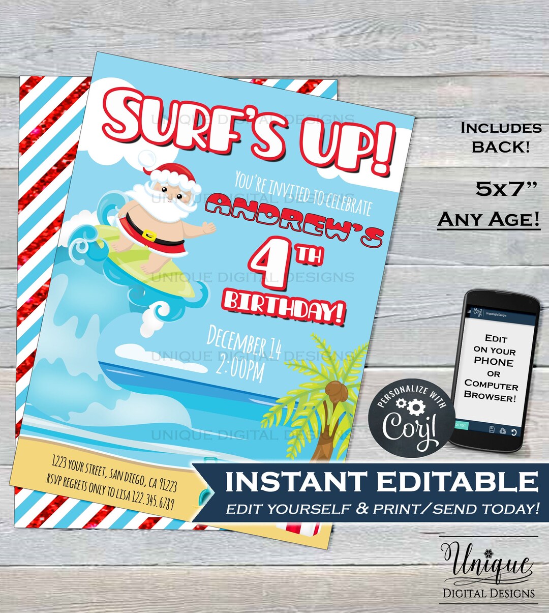 Surfs up Santa, Editable Christmas Birthday Invitation, Summer Beach ...