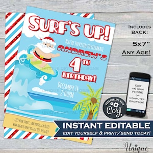 Surfs up Santa, Editable Christmas Birthday Invitation, Summer Beach ...