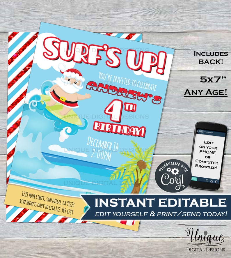 Surfs up Santa Editable Christmas Birthday Invitation Summer - Etsy