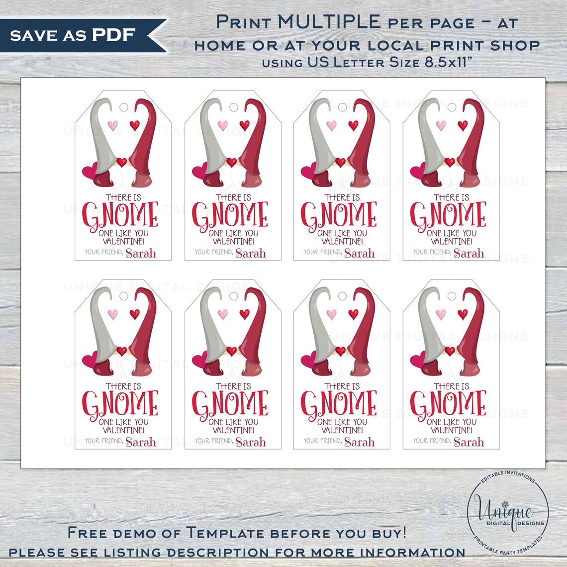 Editable Gnome Valentine's Gift Tags Personalized - Etsy