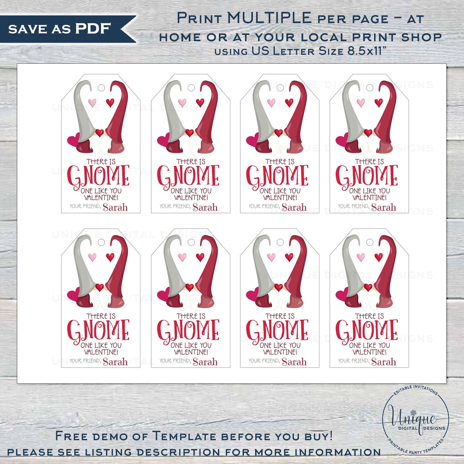 Editable Gnome Valentine's Gift Tags Personalized - Etsy