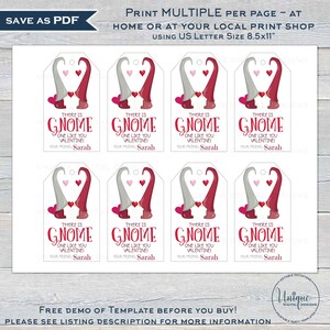Editable Gnome Valentine's Gift Tags, Personalized Valentine Kids Gift ...