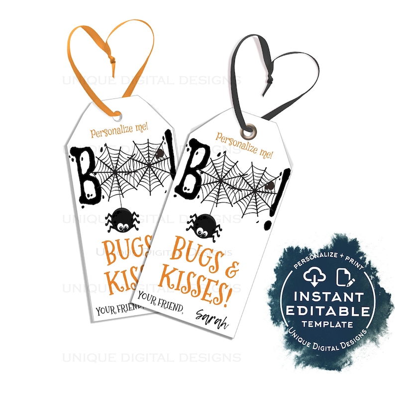 Editable Halloween Favor Tags, Bugs and Kisses Personalized Halloween ...
