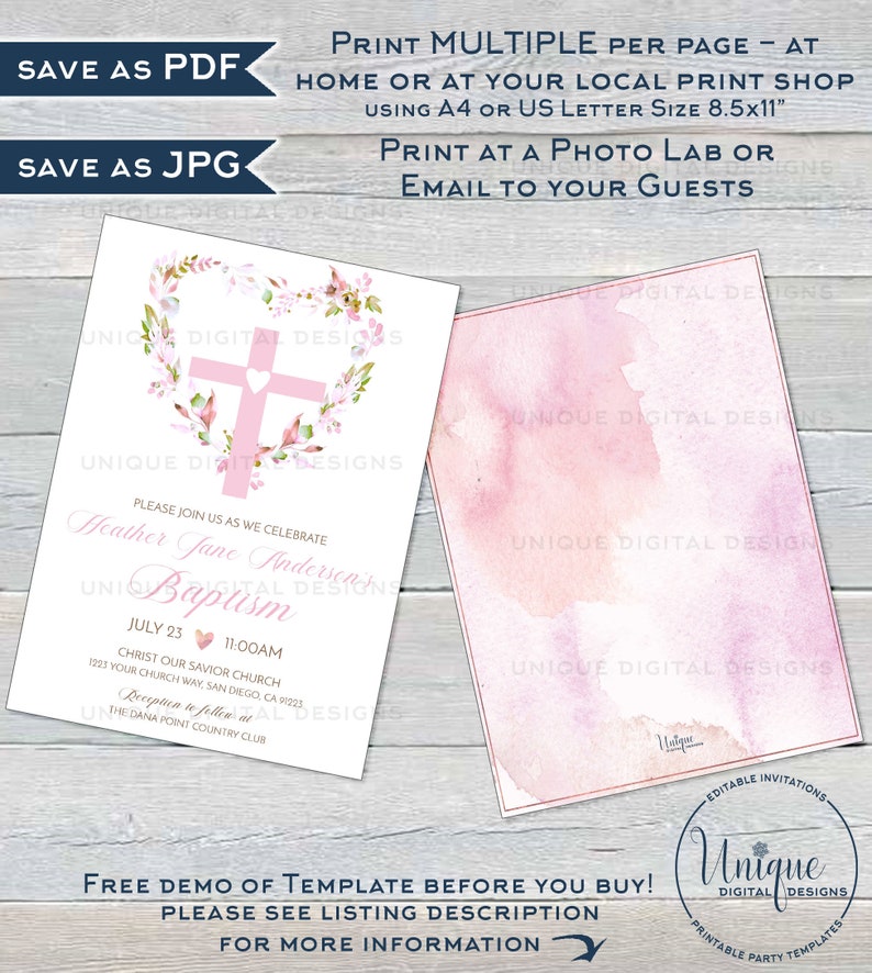 Editable Pink Floral Baptism Invitation Template, Baby Girl Baptism ...