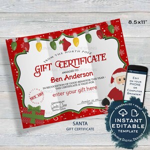 Christmas Gift Certificates Templates, Editable Gift From Santa, Last ...
