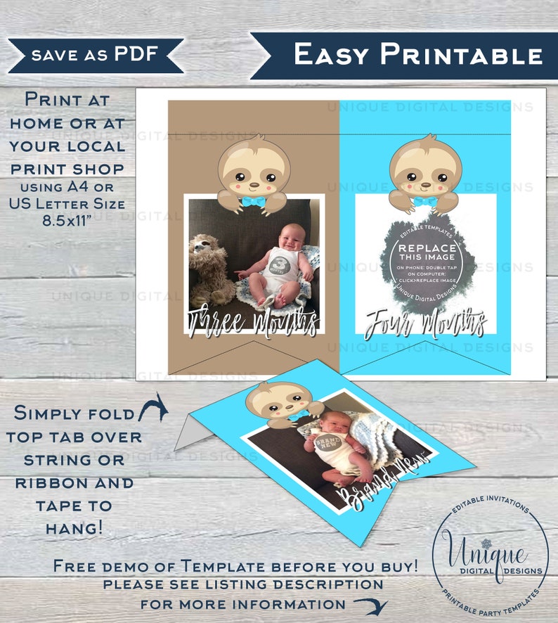 Sloth Banner Template, Boy Sloth First Year Photo Banner Flags, Boys ...