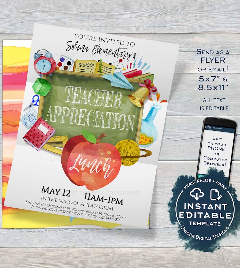 Editable Teacher Appreciation Lunch School Invitation School - Etsy