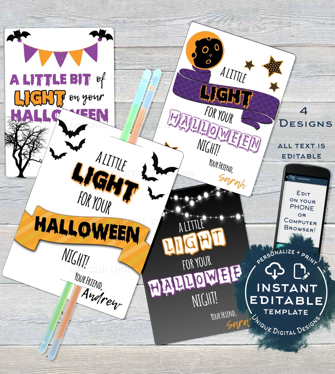 Editable Halloween Glow Stick Tags, A Little Light for Halloween Night ...
