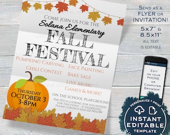 Fall Festival POSTER, Editable Fall Harvest Invitation, Printable ...