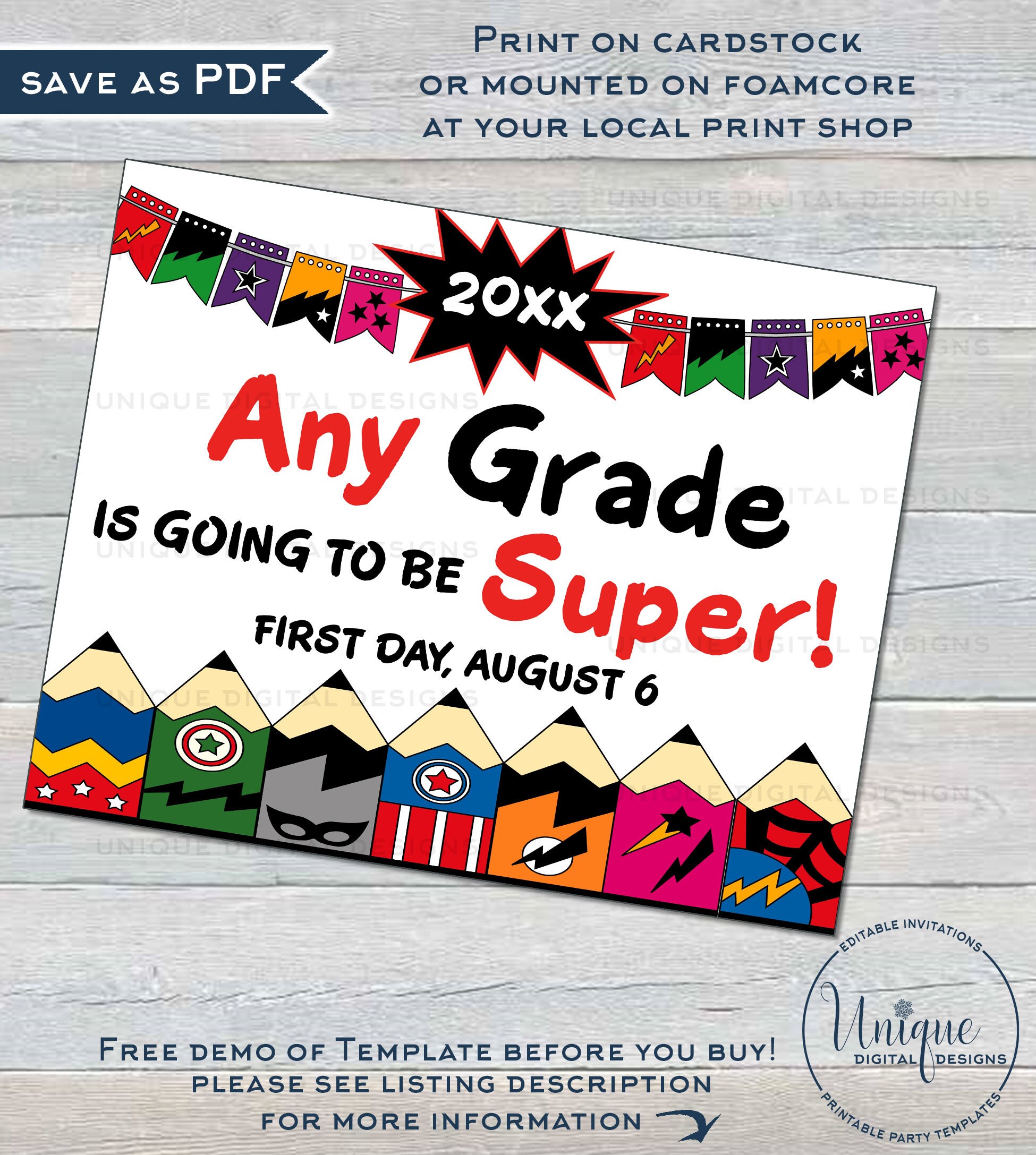 Editable Superhero First day of School Sign reusable Boys | Etsy