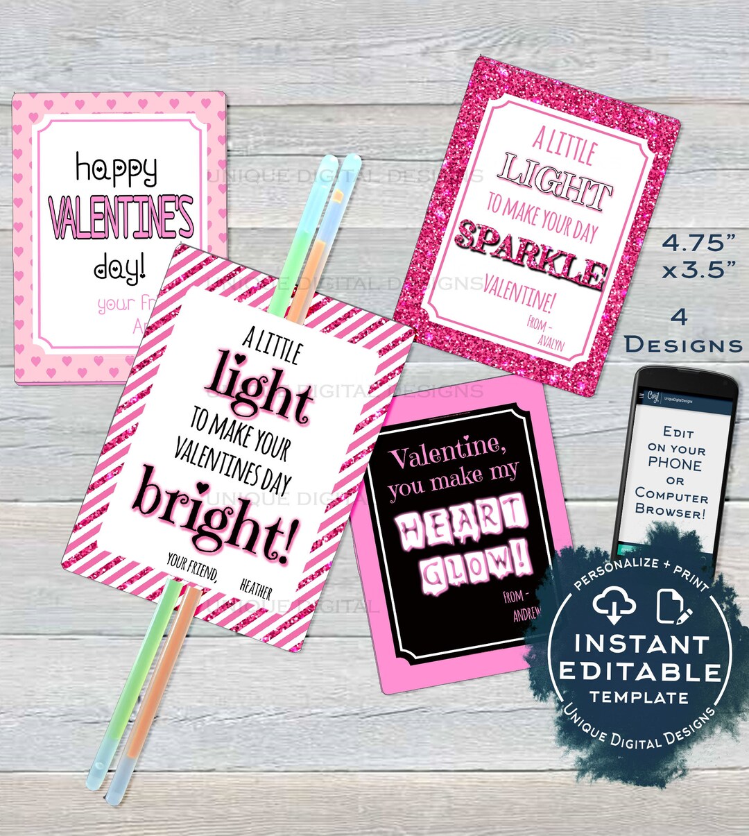 Editable Valentine Card, Glow Stick Favor Tags, Kids Valentines Cards ...
