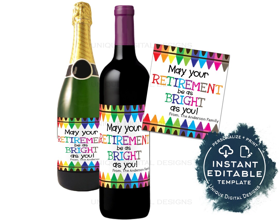 Teacher Retirement Wine Bottle Label Editable Wine Label Sticker ...