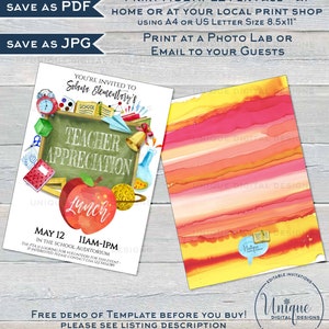 Editable Teacher Appreciation Lunch School Invitation, School Staff ...