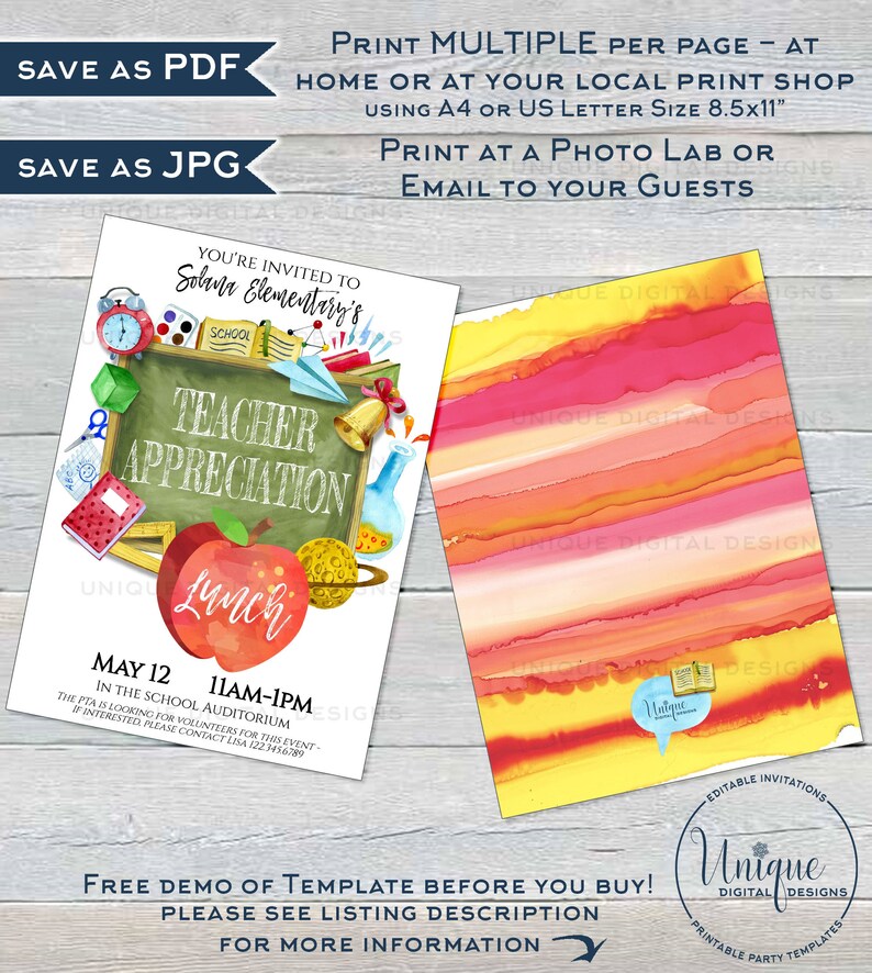 Editable Teacher Appreciation Lunch School Invitation School - Etsy