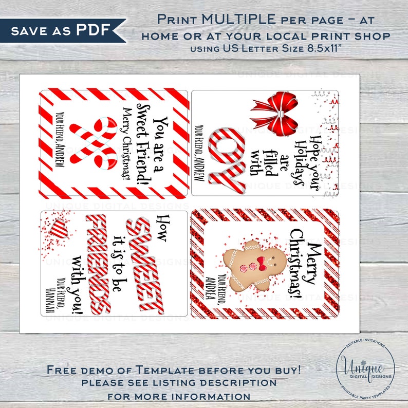 Candy Cane Christmas Favors Tag, Kids Classroom Editable Christmas ...