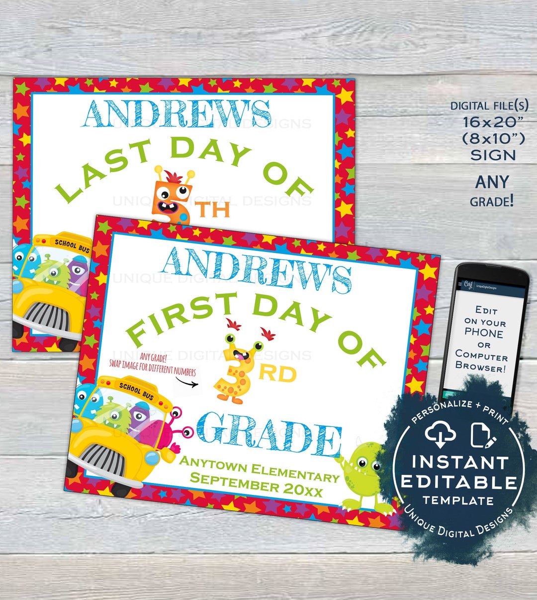 Monster Editable First Day of School Sign, Reusable Unique Boys Last ...