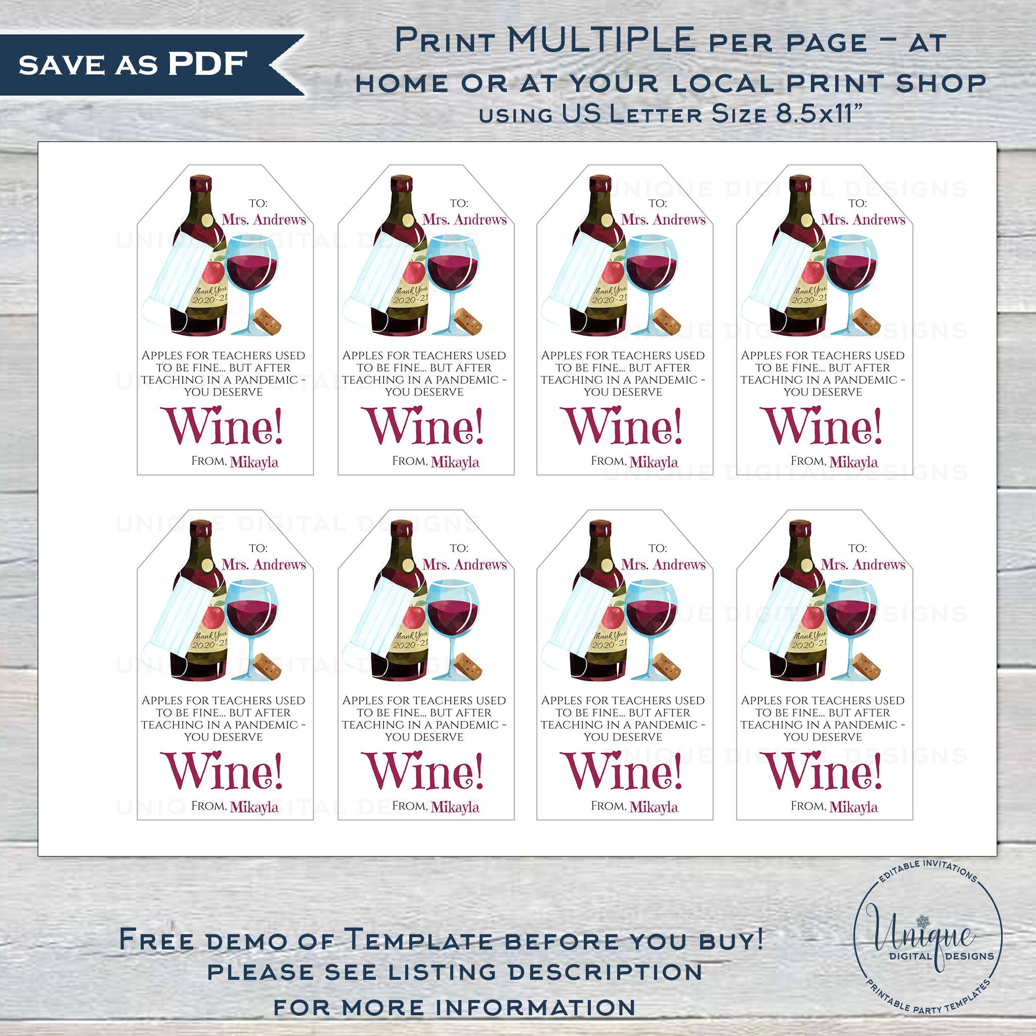 Teacher Appreciation Gift Editable Wine Tag Template Apples - Etsy