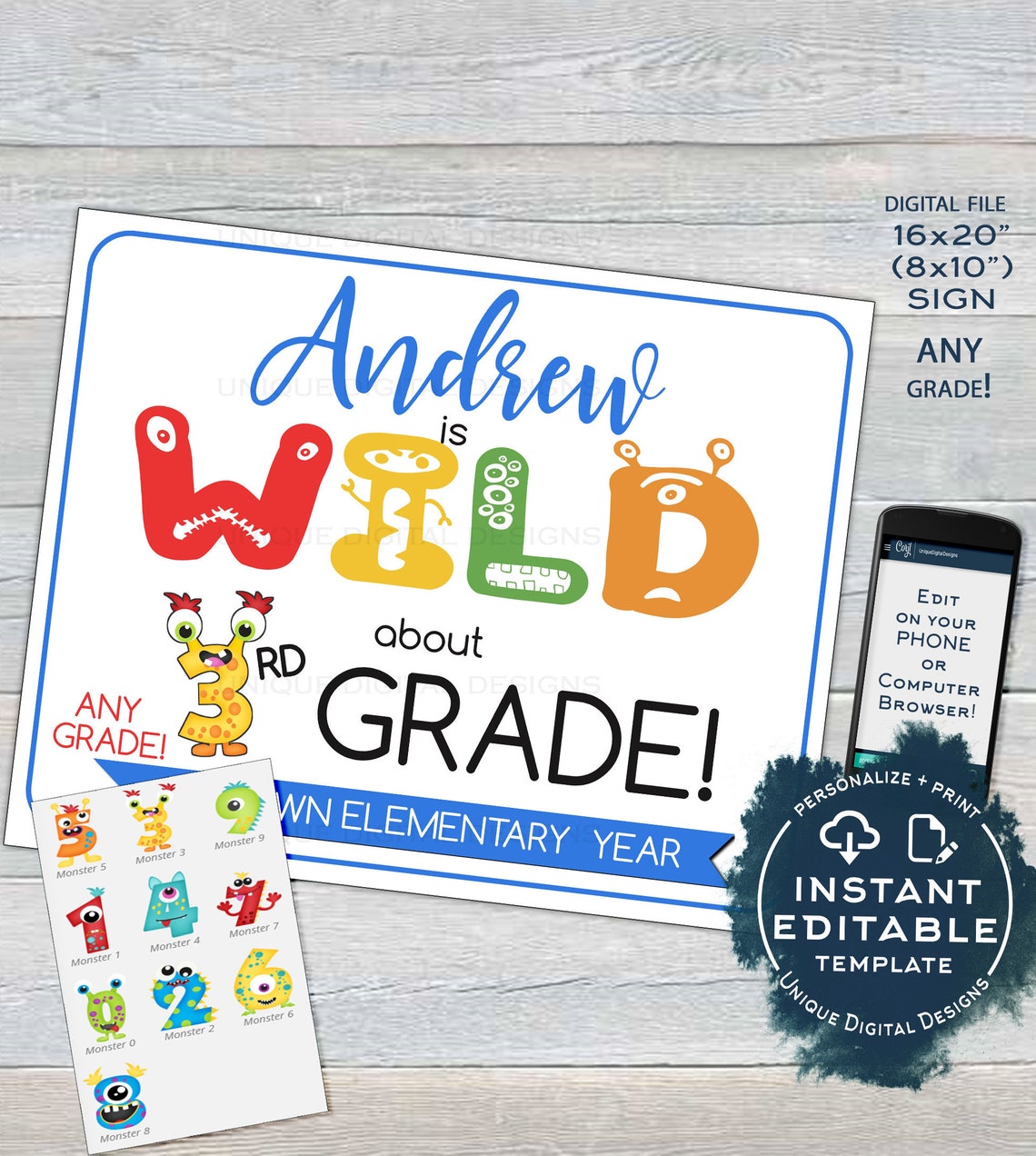 Wild About School Sign, Editable First Day of School Sign, Monsters ...