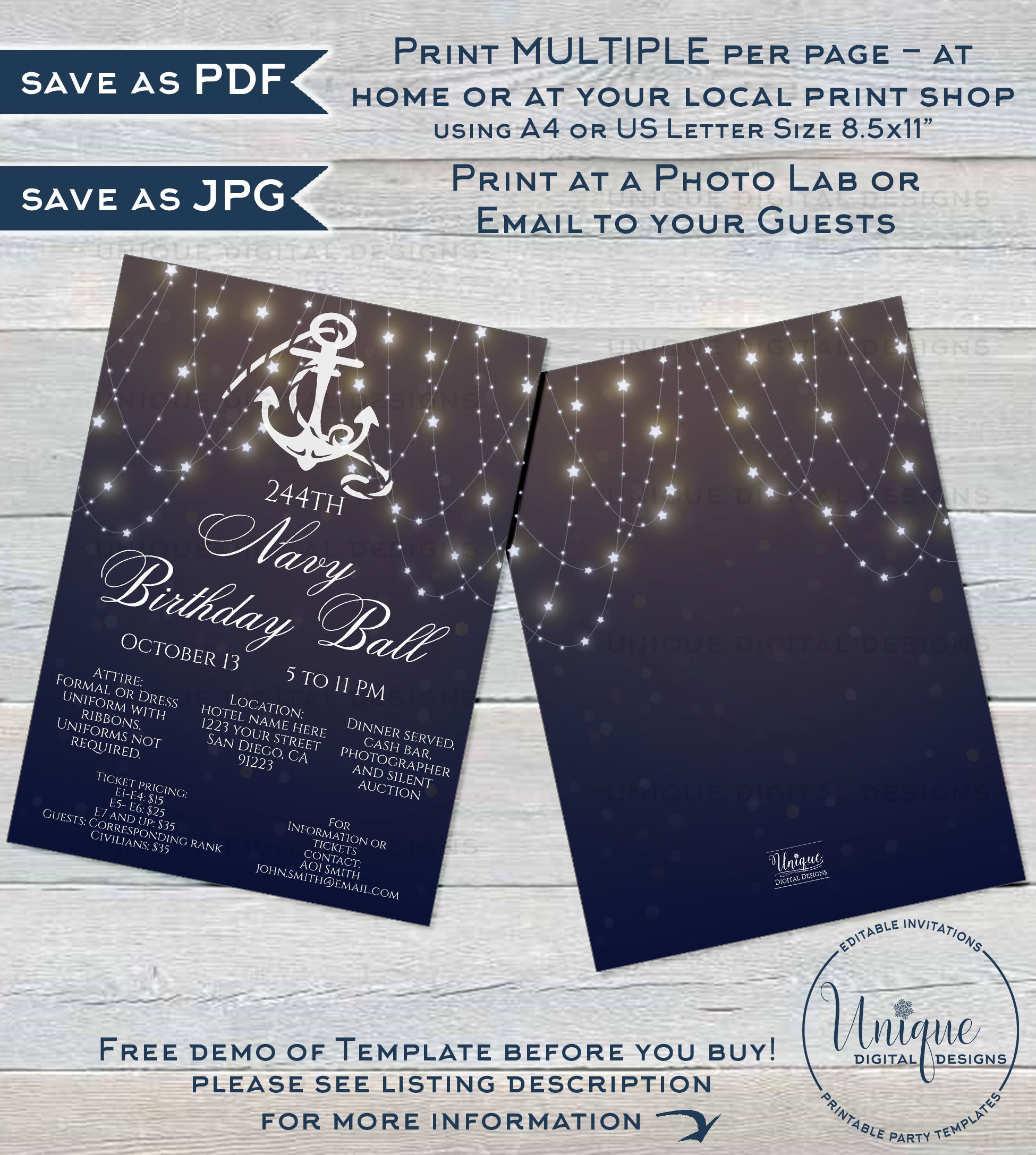 Military Ball Flyer, Navy Birthday Ball Invitation Editable Military ...