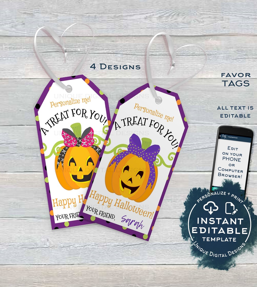 Editable Halloween Favor Tags, Girls Pumpkin Personalized Halloween Tag ...