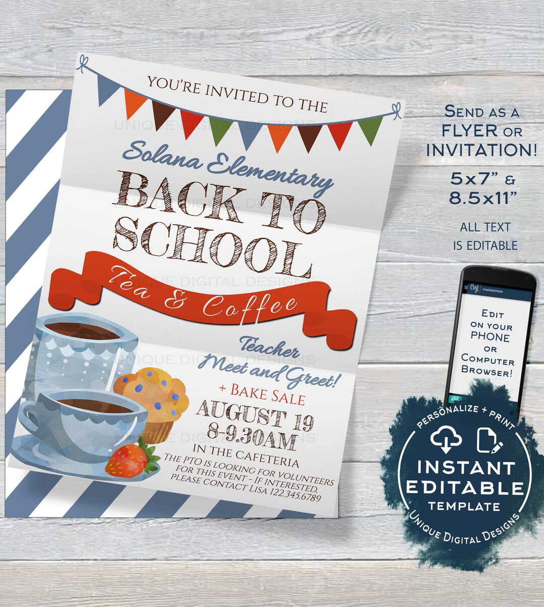 Back to School Tea & Coffee Invitation, Editable Meet Your Teacher ...