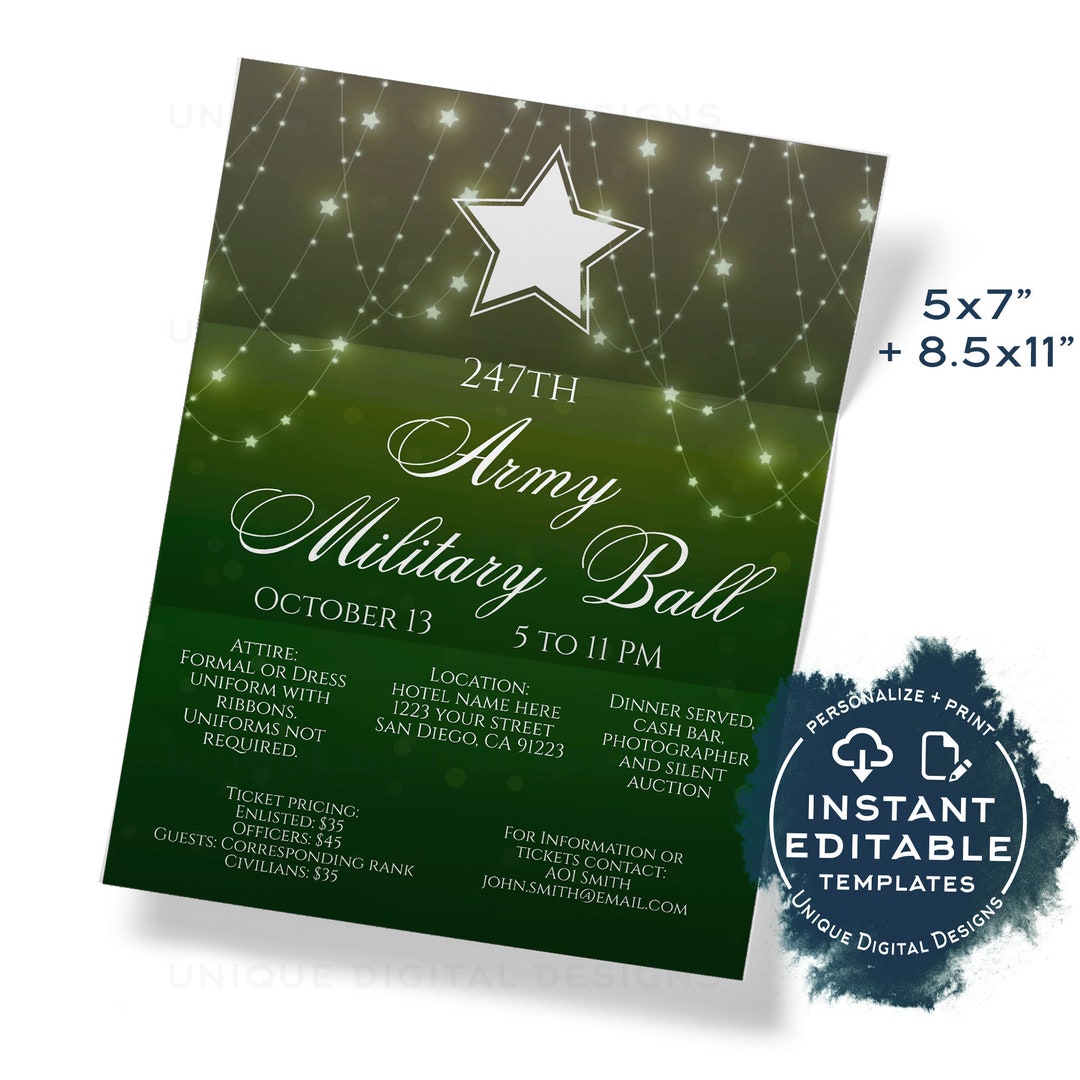 Military Ball Flyer, Army Birthday Ball Invitation Editable, Military ...