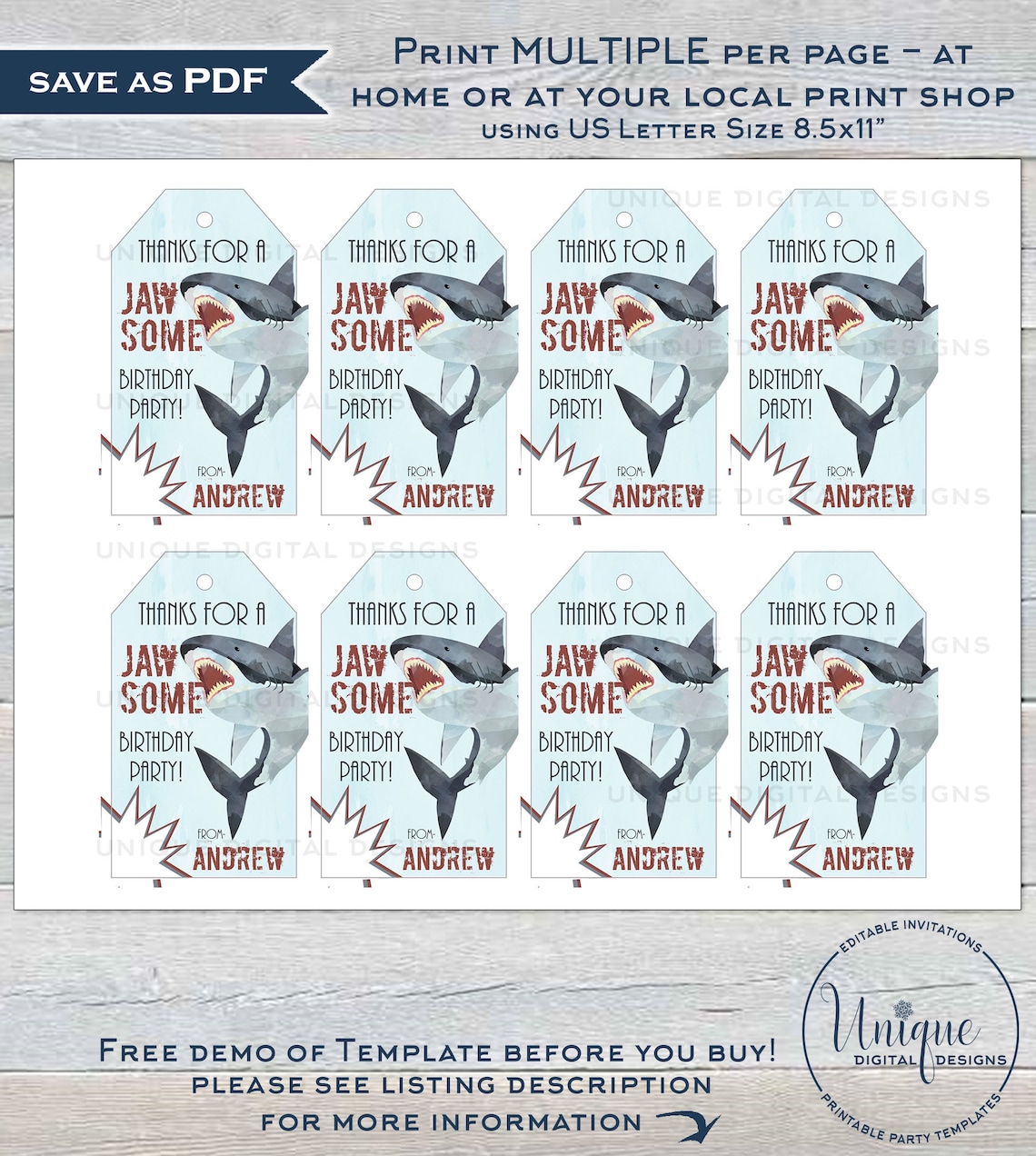 Editable Birthday Favor Tag, Shark Party Favor, Jawsome Thank You Favor ...