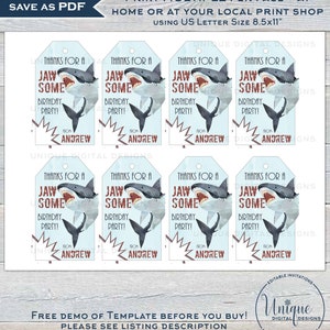 Editable Birthday Favor Tag, Shark Party Favor, Jawsome Thank You Favor ...