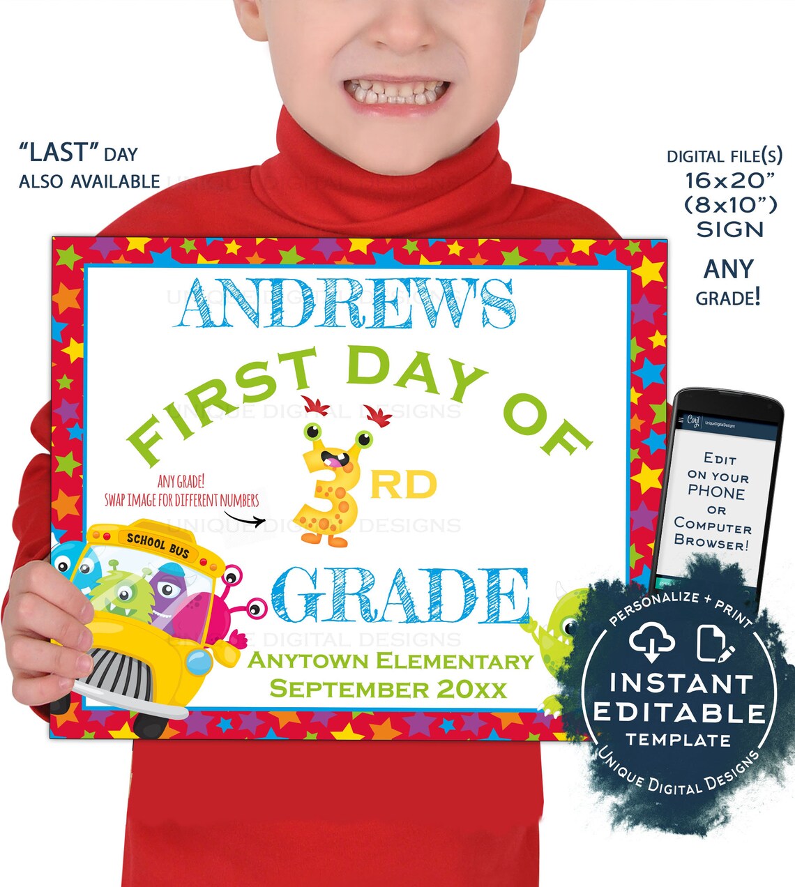 Monster Editable First Day of School Sign, Reusable Unique Boys Last ...