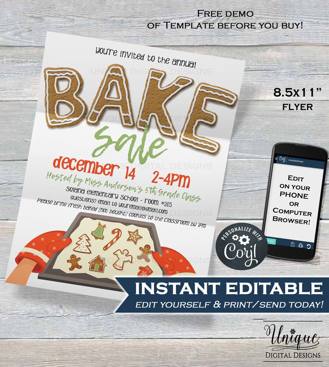 Bake Sale FLYER Template, Editable Christmas Invitation Printable ...
