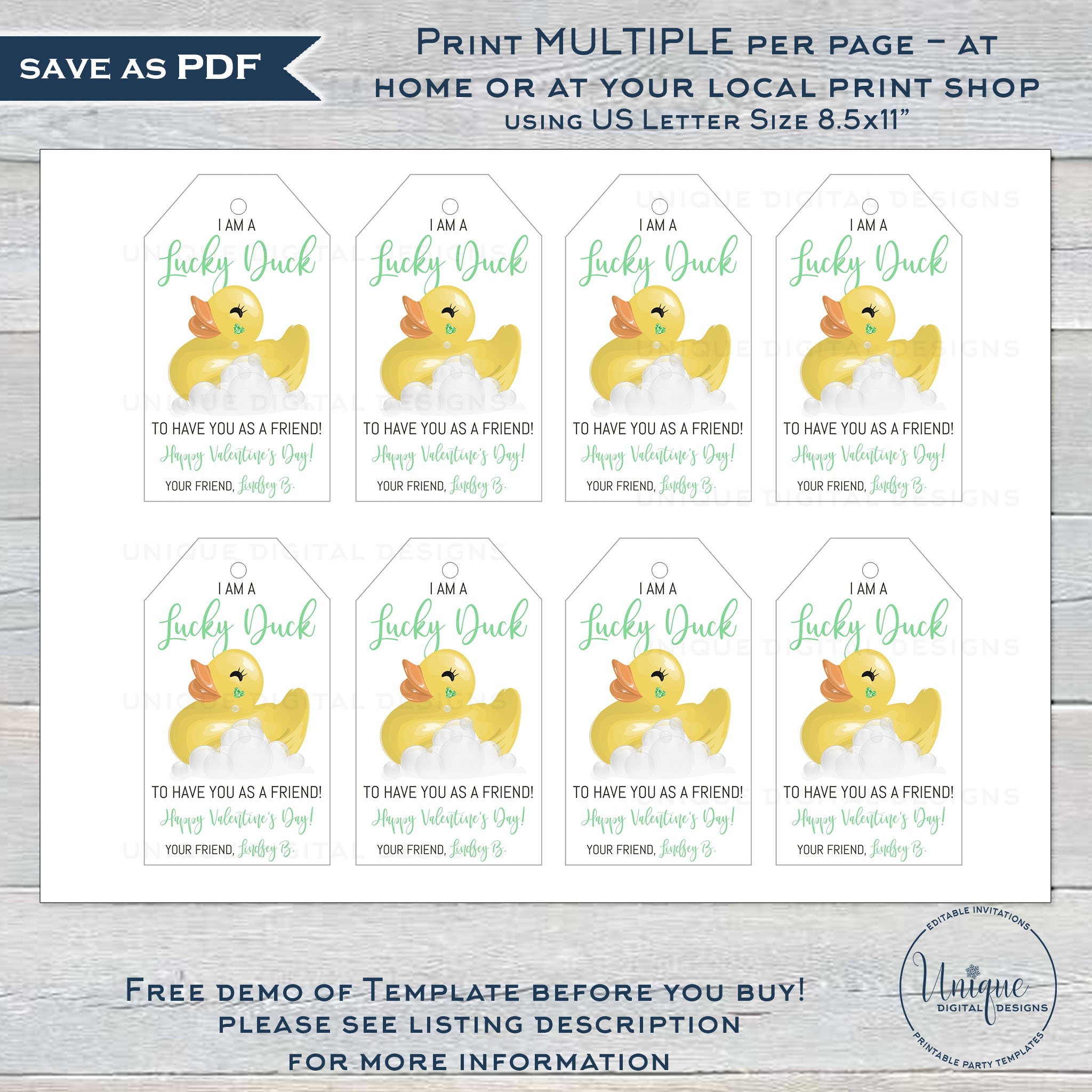 Editable Valentine Lucky Duck Tags, Kid Friend Rubber Ducky Valentine ...