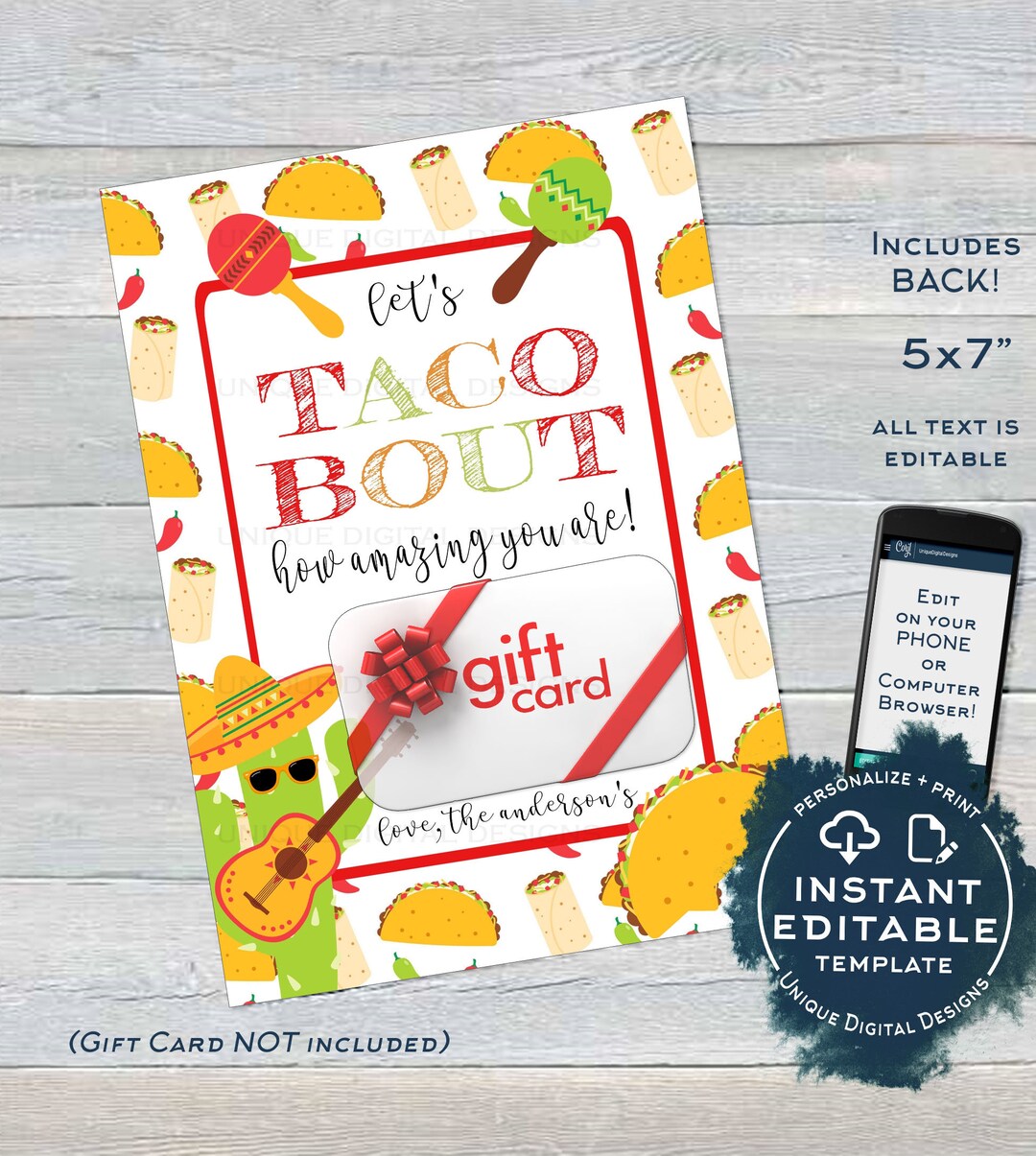 Lets Taco Bout Gift Card Holder, Teacher Thank You Card, Printable ...