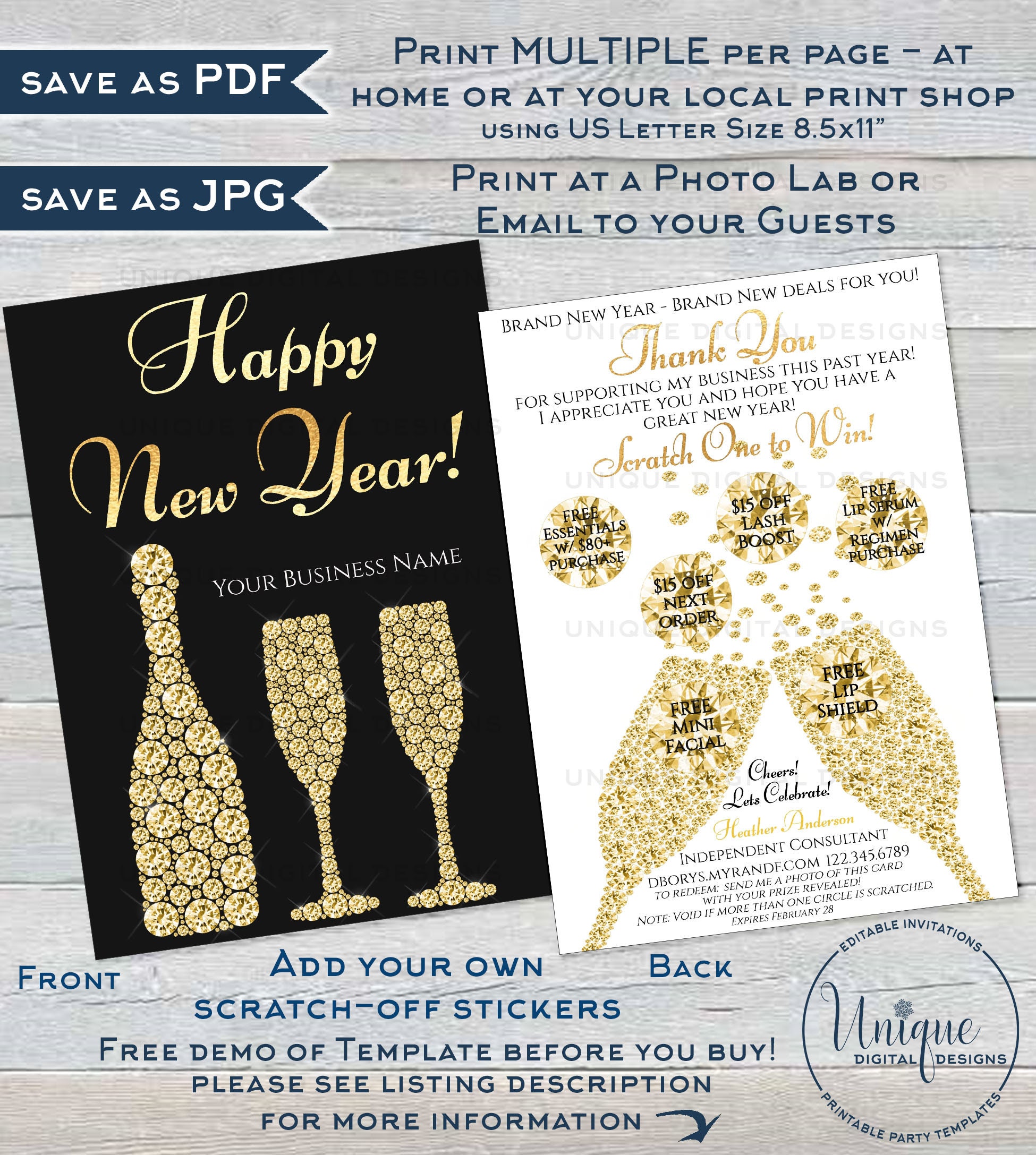 Printable Rodan and Happy New Year Cards Scratch Off, Editable Thank ...
