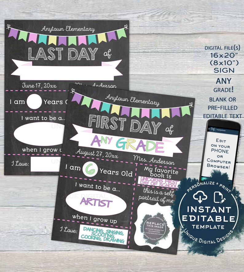 Editable Back to School Photo Prop Girls 1st Day Back to | Etsy