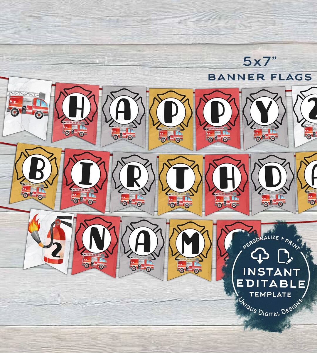 Fire Truck Banner Template, Editable Firefighter Birthday Bunting Flags ...