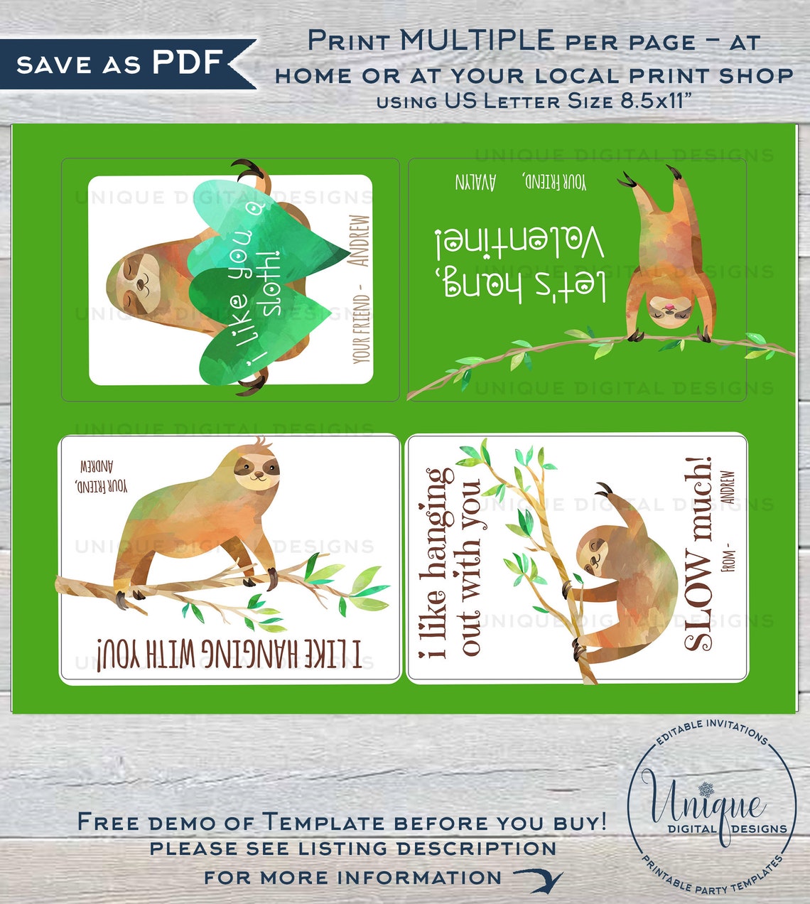 Sloth Valentine Card, Kids Editable Valentines Day Sloth Classroom, I ...