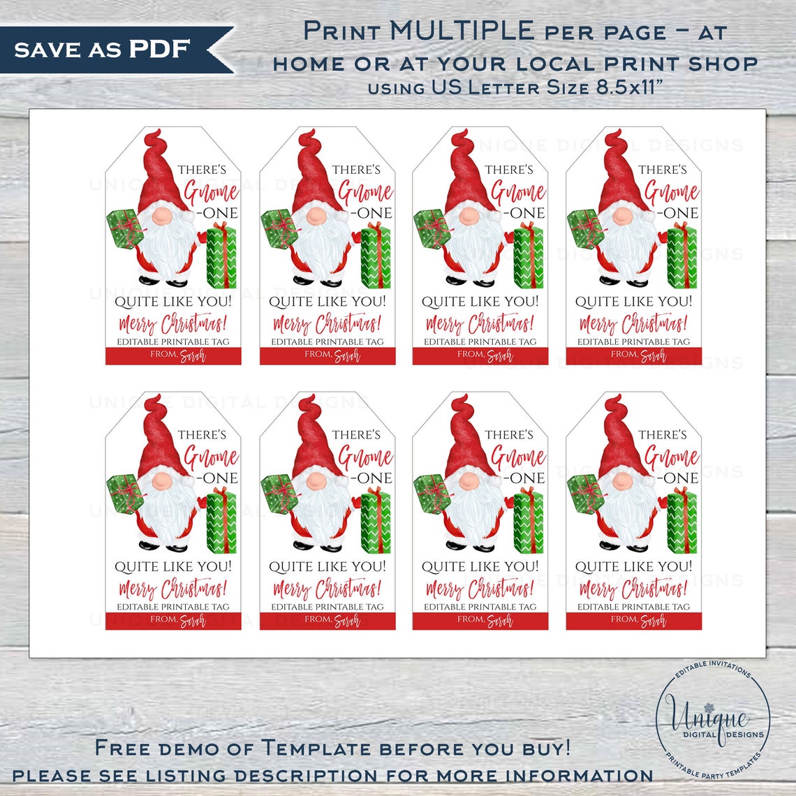 Editable Christmas Gift Tags, There's Gnome-one Like You, Printable ...