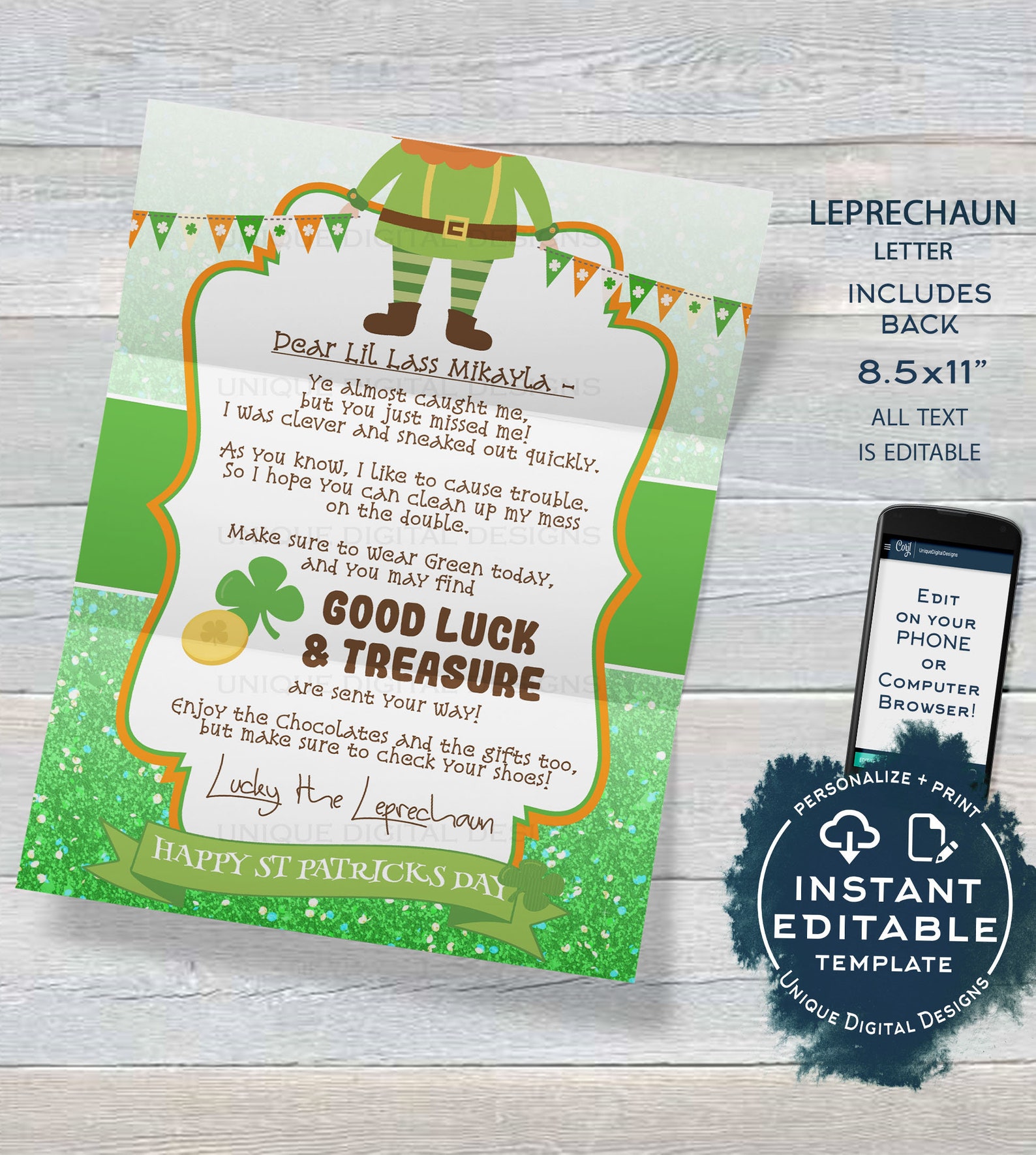 Editable Leprechaun Letter St Patrick's Day Note Lucky - Etsy