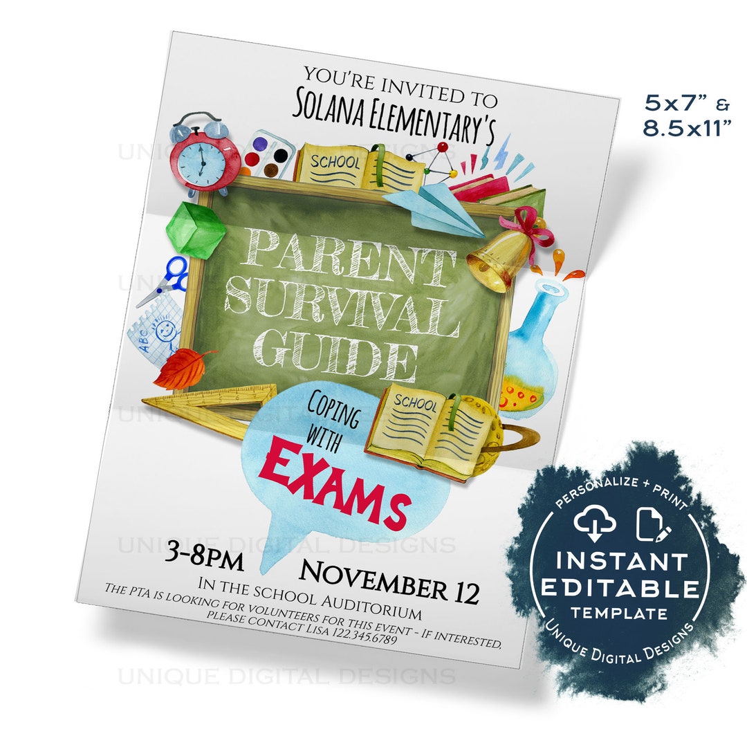Parent Survival Guide Flyer, Coping With Exams Editable PTA Invitation ...
