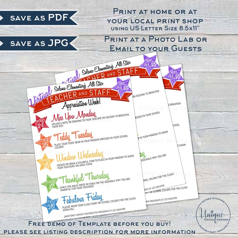 Virtual Teacher Appreciation Week Schedule Editable School - Etsy