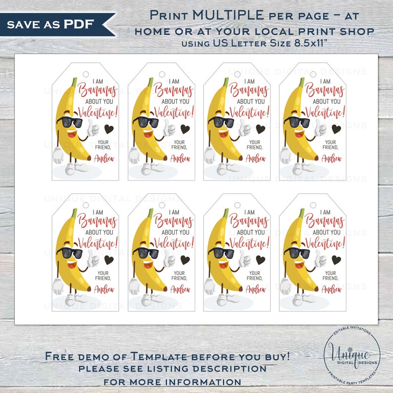 Editable Bananas About You Valentine Gift Tags, Girls or Boys Silly ...