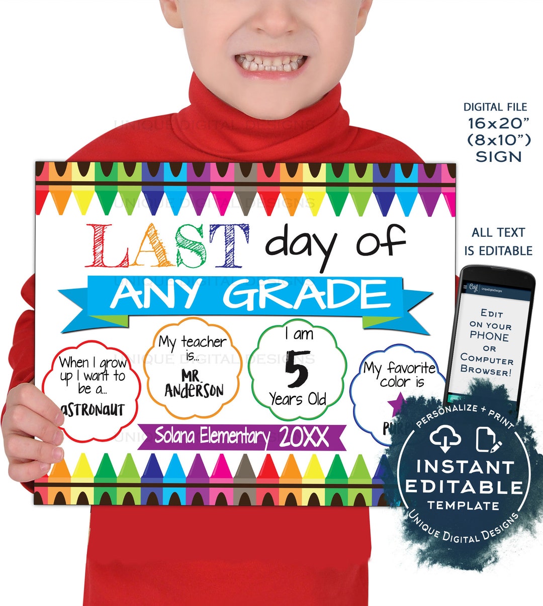 Editable Last Day of School Sign, Reusable First Day School Crayon ...