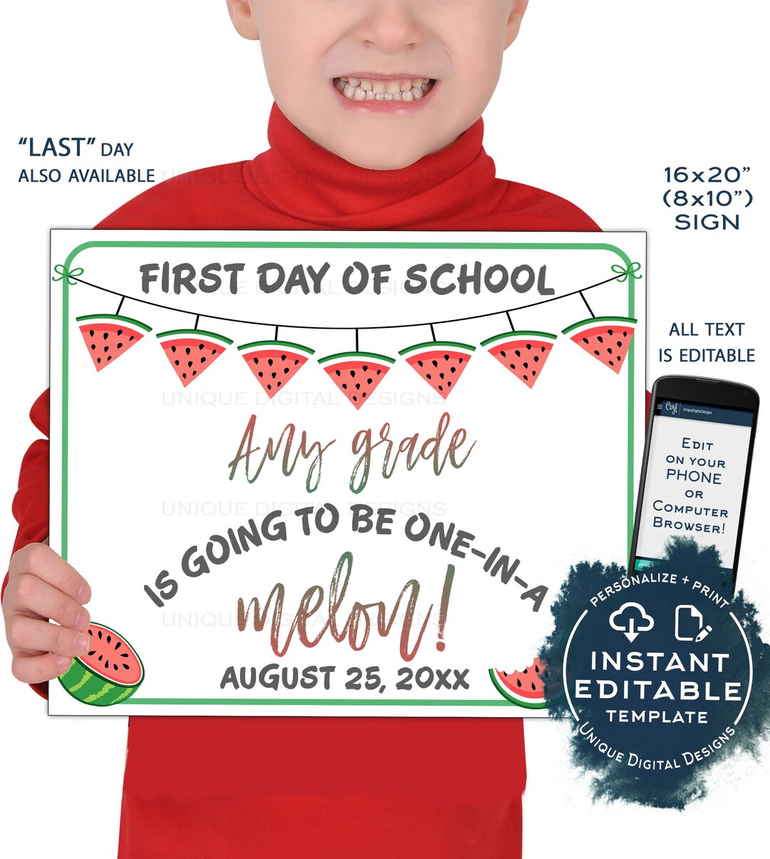 Editable Back to School Sign, Watermelon First Day of School Poster ...