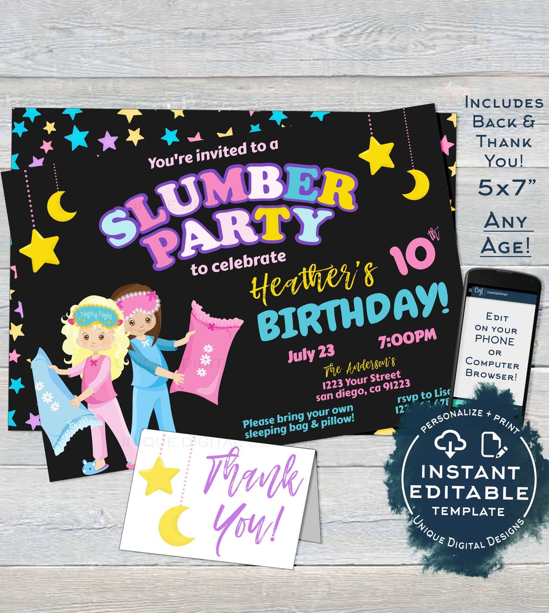 Slumber Party Invitation, Editable Girls Birthday Sleepover Birthday ...