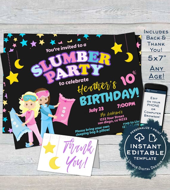 Slumber Party Invitation Editable Girls Birthday Sleepover Birthday Party Printable Invite ANY Age Pajama Party Custom INSTANT ACCESS Etsy Canada
