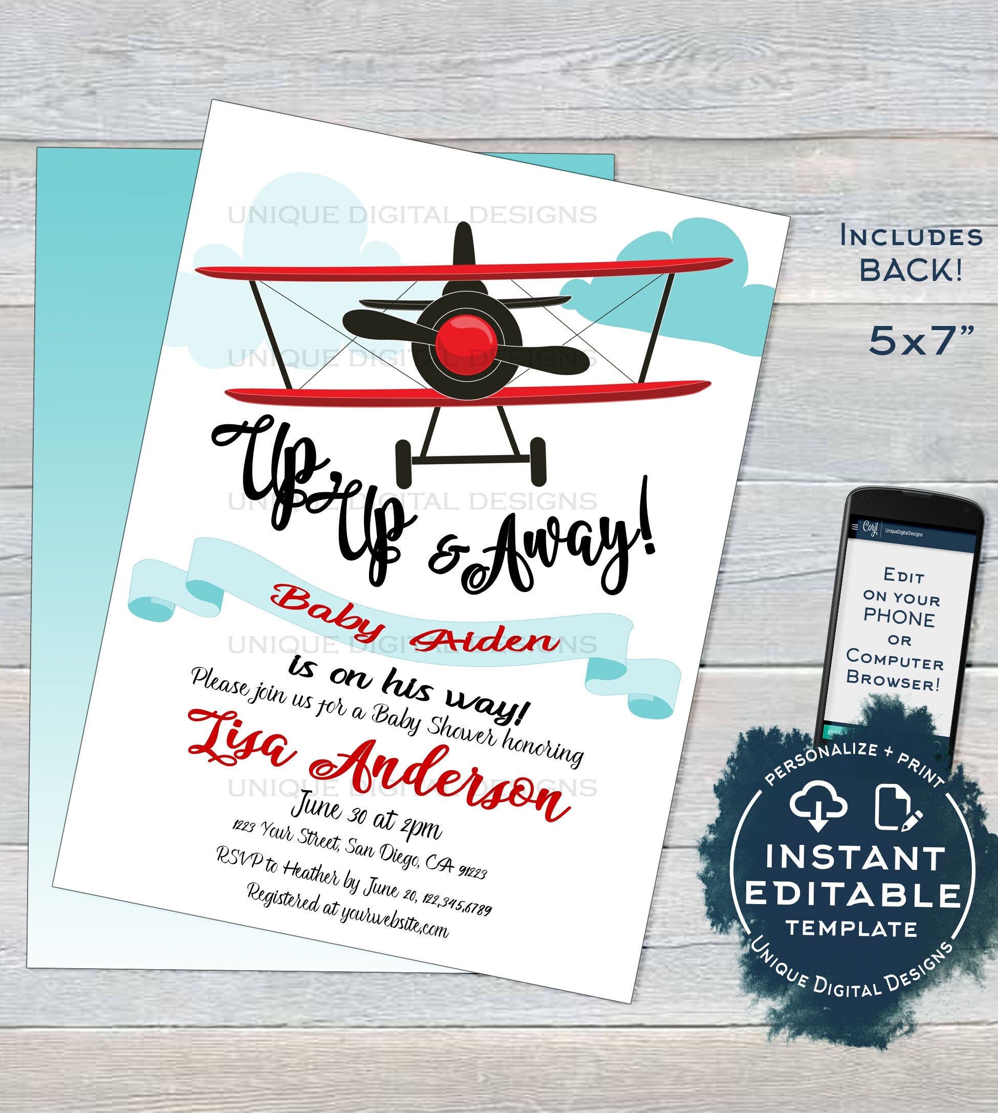Airplane Baby Shower Invitation Template Editable Airplane | Etsy